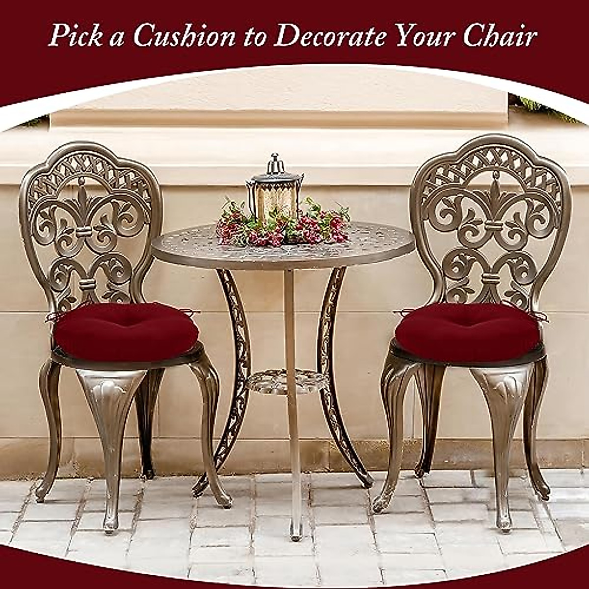 LOVTEX Memory Foam Outdoor Chair Cushions, 2 Pack, Round, 15 Inch, Dark Red, Waterproof, with Ties