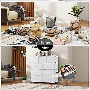 Dresser for Bedroom, 9 Storage Drawers, Anti-Tip Tall Fabric Closet Chests Organizer Tower Furniture with Wooden Top Metal Frame for Clothes, Kids Room, Living Room, Hallway, Entryway (White)