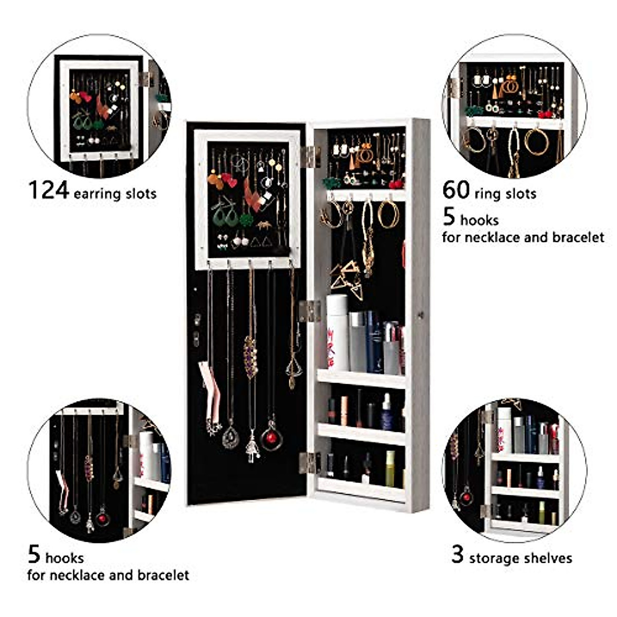 HollyHOME Mirrored Jewelry Cabinet Lockable Wall Door Mounted Jewelry Armoire Organizer with Full Length Mirror Space Saving Lockable,White