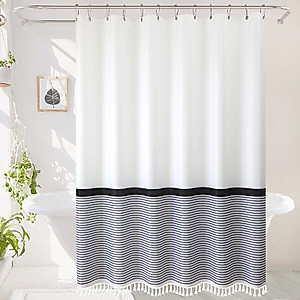 Modern Farmhouse Shower Curtain Set with 12 Hooks Grey Striped Fabric Waffle Shower Curtains Cloth for Bathroom Tassel Fringe Gray Boho Washable Shower Curtain Water Repellent Black Grey 72x78 Inch