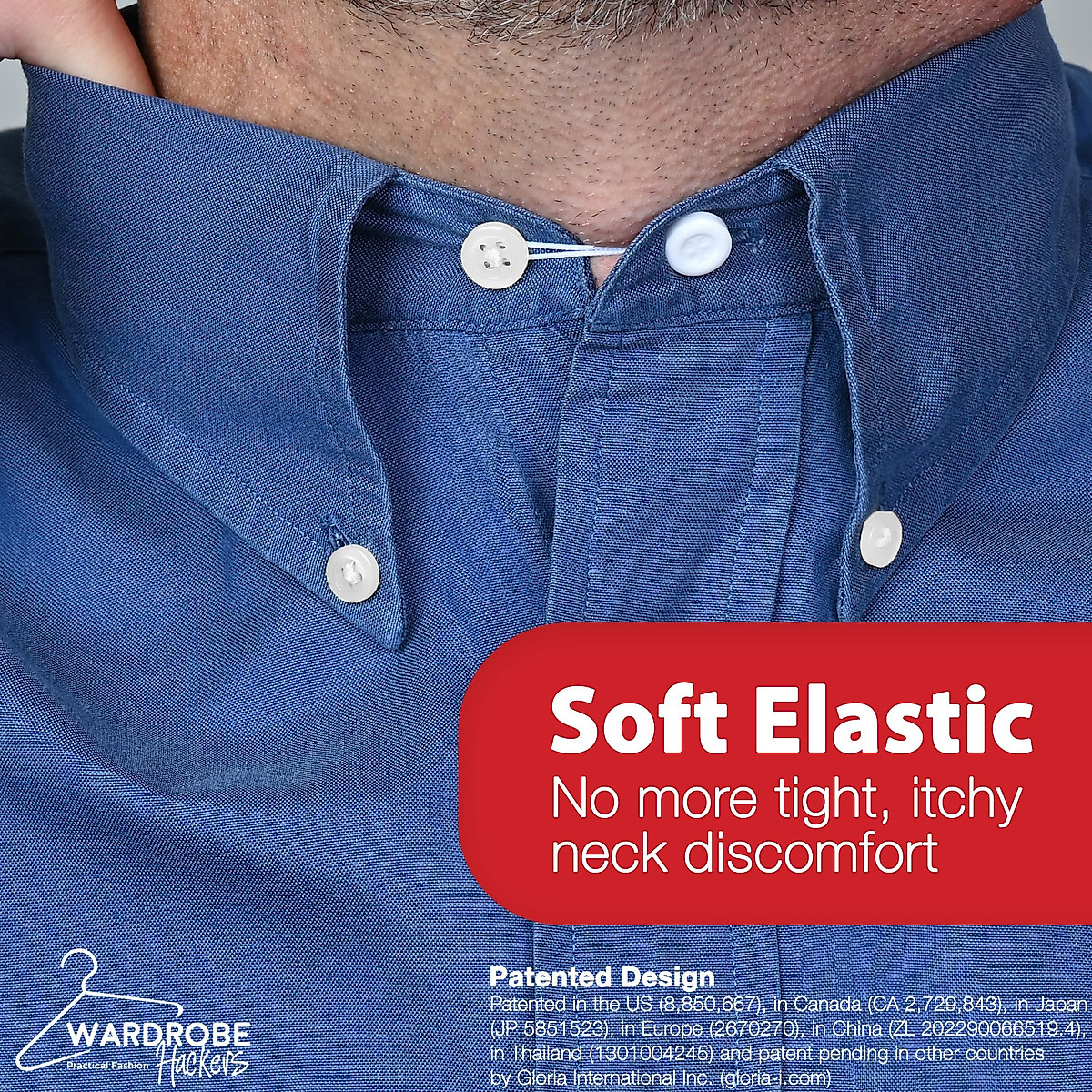 Wardrobe Hackers Collar Extenders for Mens Shirts (Soft Elastic Design 3-Pack) Neck Relief for Tight Collars for Dress Shirts - White Button Expanders