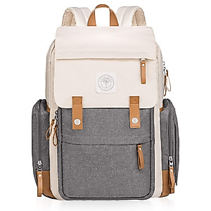 Huggleboo Diaper Backpack - Waterproof Canvas Baby Bag with Wipes Pocket Stroller Straps Changing Pad and Laptop Pocket - Unisex Maternity Travel Nappy Bag for Moms Dads Boys and Girls - Beige/Grey
