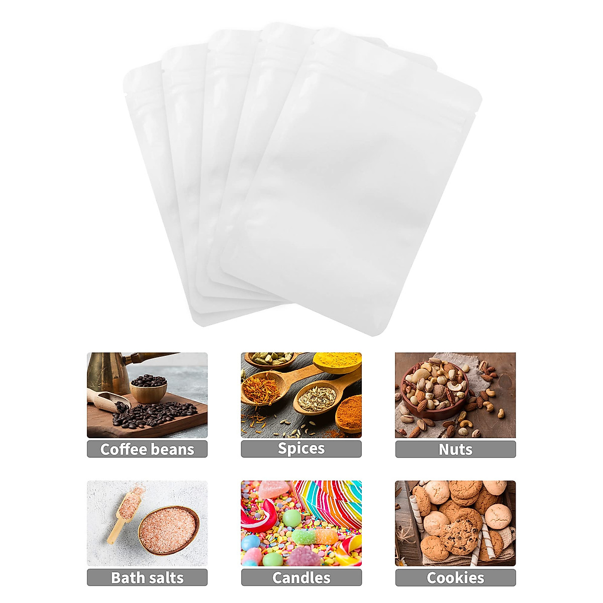 100 Pack Resealable Stand Up Bags,4.7" x 7.9" Smell Proof Pouch Sealable Foil Pouch Bags for Packaging (White)