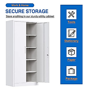 Reemoon Metal Storage Cabinet with Locking Doors and Adjustable Shelves, 71" Tall Steel Storage Cabinet for Home Office, White