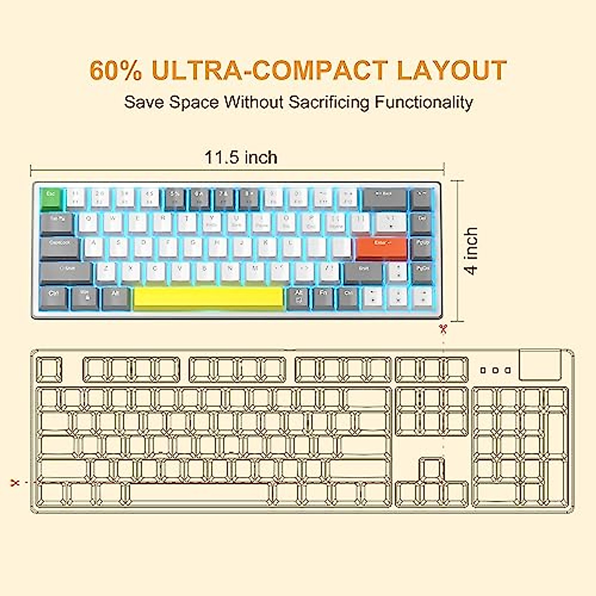 MageGee 60% Mechanical Gaming Keyboard, 68 Keys Hot-Swappable Compact Blue LED Backlit Gaming Keyboard, SKY68 Wired Ergonomic Mini Office Keyboard for Windows PC Gamer (Red Switch, Gray & White)