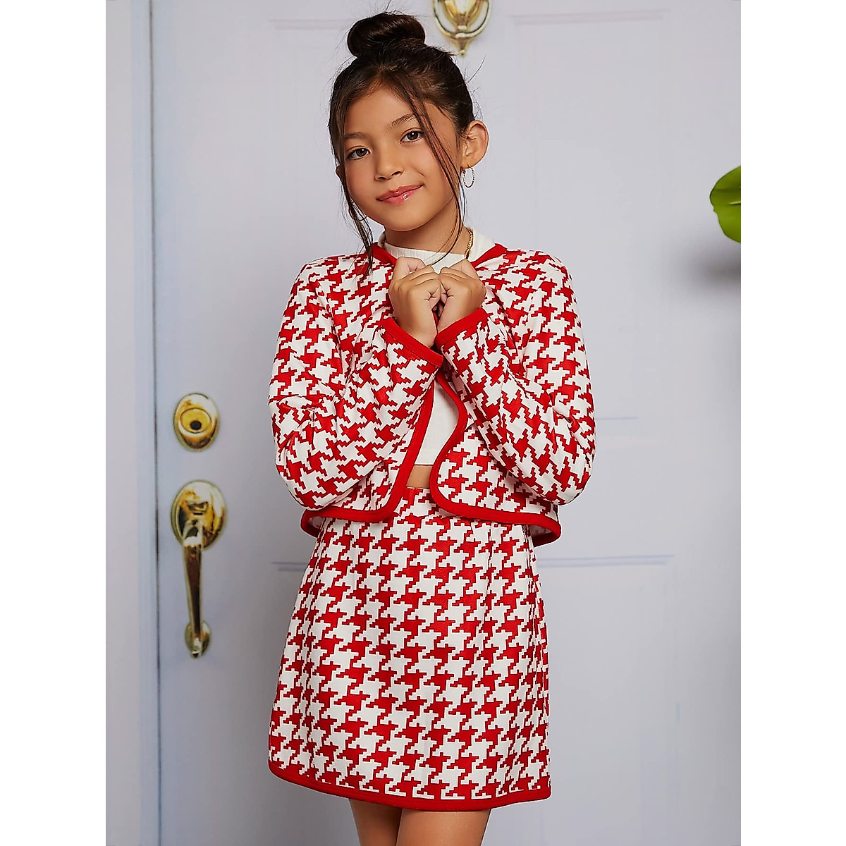 WDIRARA Girl's 2 Piece Outfits Houndstooth Zip Up Half Sleeve Jacket and A Line Skirt Set Red and White 10Y
