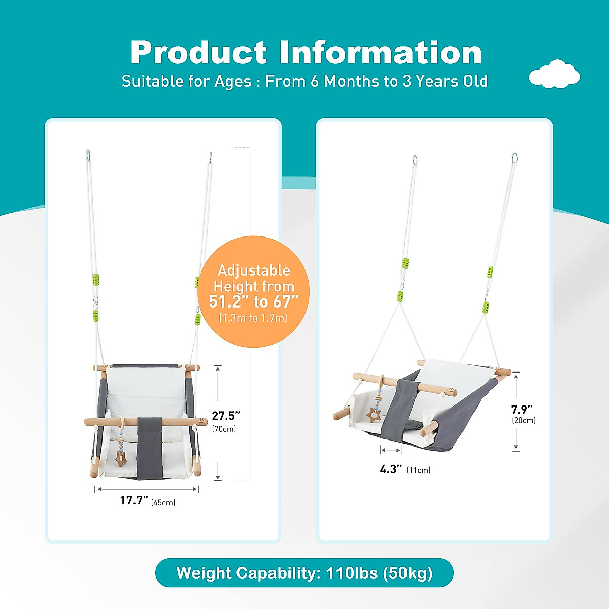 Troispot Comfortable Baby Swing Bed, Secure Canvas and Wooden Hanging Swing Chair for Baby, Infant, Toddler, Kids Toys, Indoor Outdoor Hammock for Indoor Playground, Tree Swings or Backyard, D2