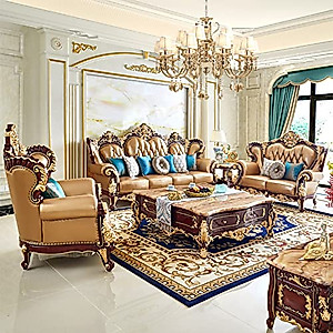 DEKIST Single Solid Wood Sofa, European-Style Leather Red Sandalwood Oak Sofa,5D Double-Sided Carved Luxury Villa Sofa, Suitable for Living Room, Villa, Indoor, Club, Apart