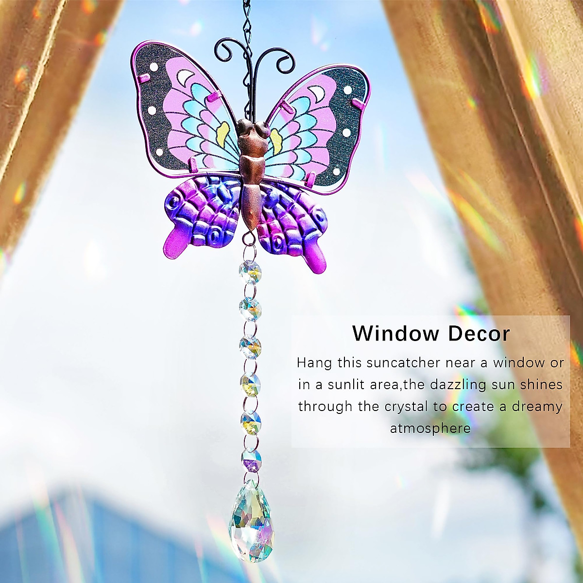 Set 2 Metal Butterfly Suncatchers for Windows - 14" Outdoor Fence Wall Art Decor, Rainbow Prisms Sun Catchers with Crystals Hanging for Home Garden Ornament
