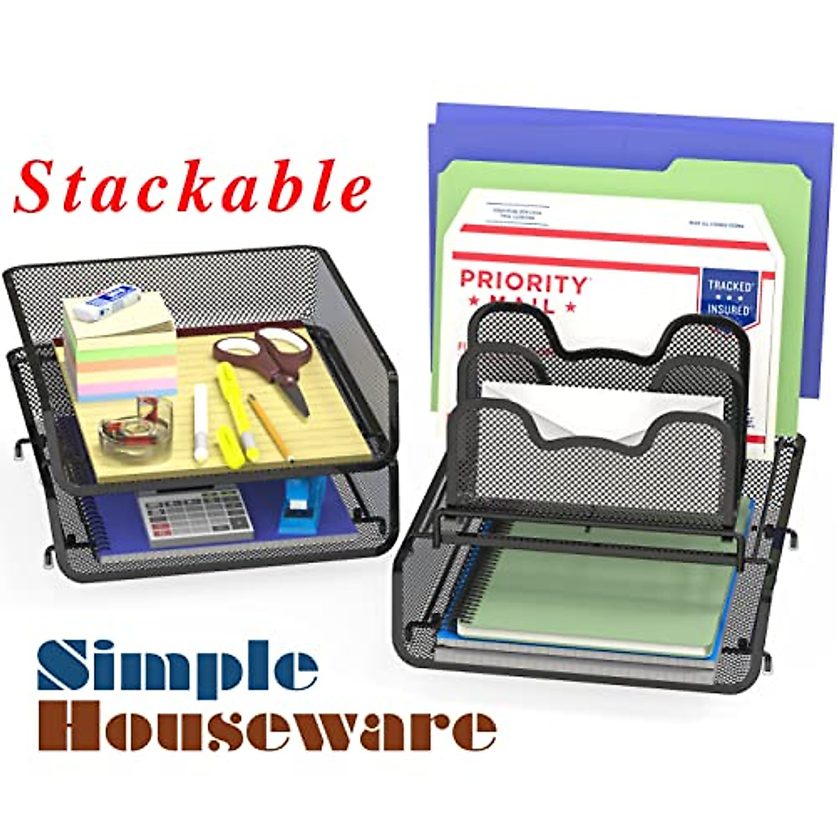 SimpleHouseware 3-Pack Stackable Desk File Document Letter Tray w/ 5 Compartments Step File Organizer, Black