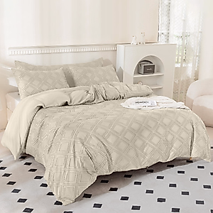 JELLYMONI Cream Grey Duvet Cover Queen Size - 3PCS Microfiber Tufted Duvet Cover Set, Boho Textured Duvet Cover Jacquard Rhombus Geometric Pattern Duvet Cover with Corner Ties & Zipper Closure