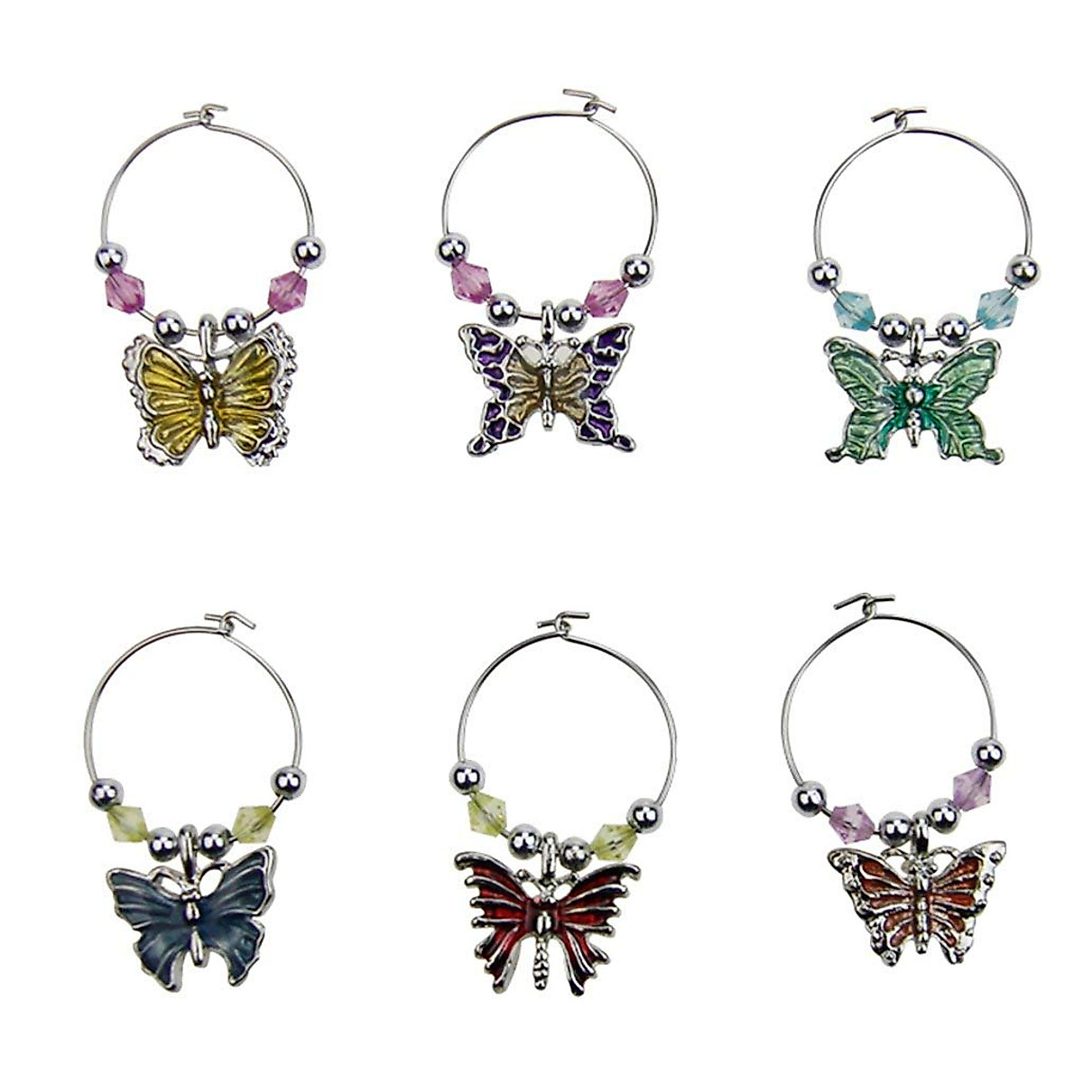 6pcs Wine Glass Charms Butterfly Sterling Glass Wine Pendant Ring Charms Table Decor
