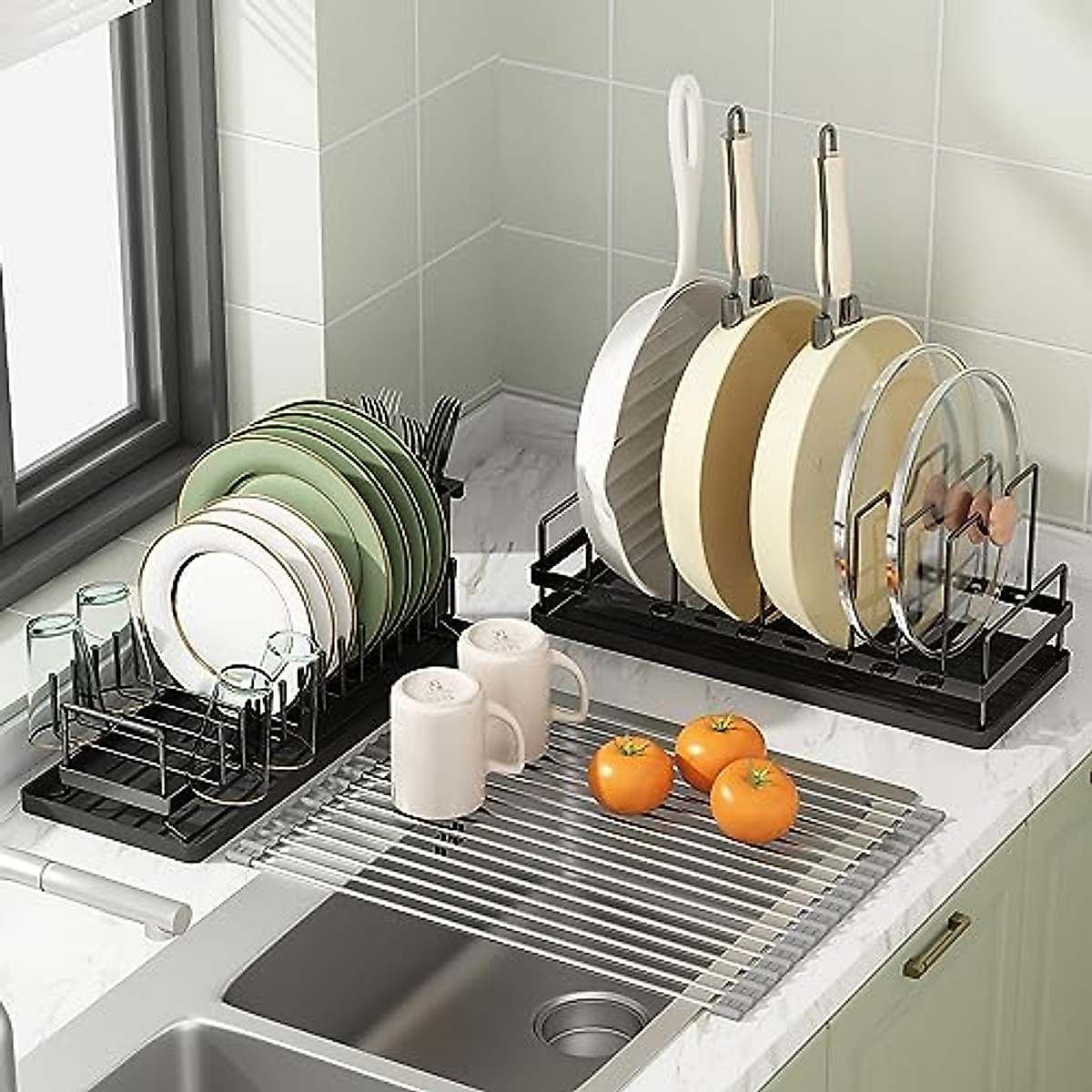 GILLAS 3 Pack Dish Drying Rack & Pot and Pan Organizer & Over The Sink Roll up Dish Drying Rack, 3 in 1 Roll-Up Dish Plates Rack Holder for Kitchen Sink, for Dishes, Knives, Spoons, and Forks, Black