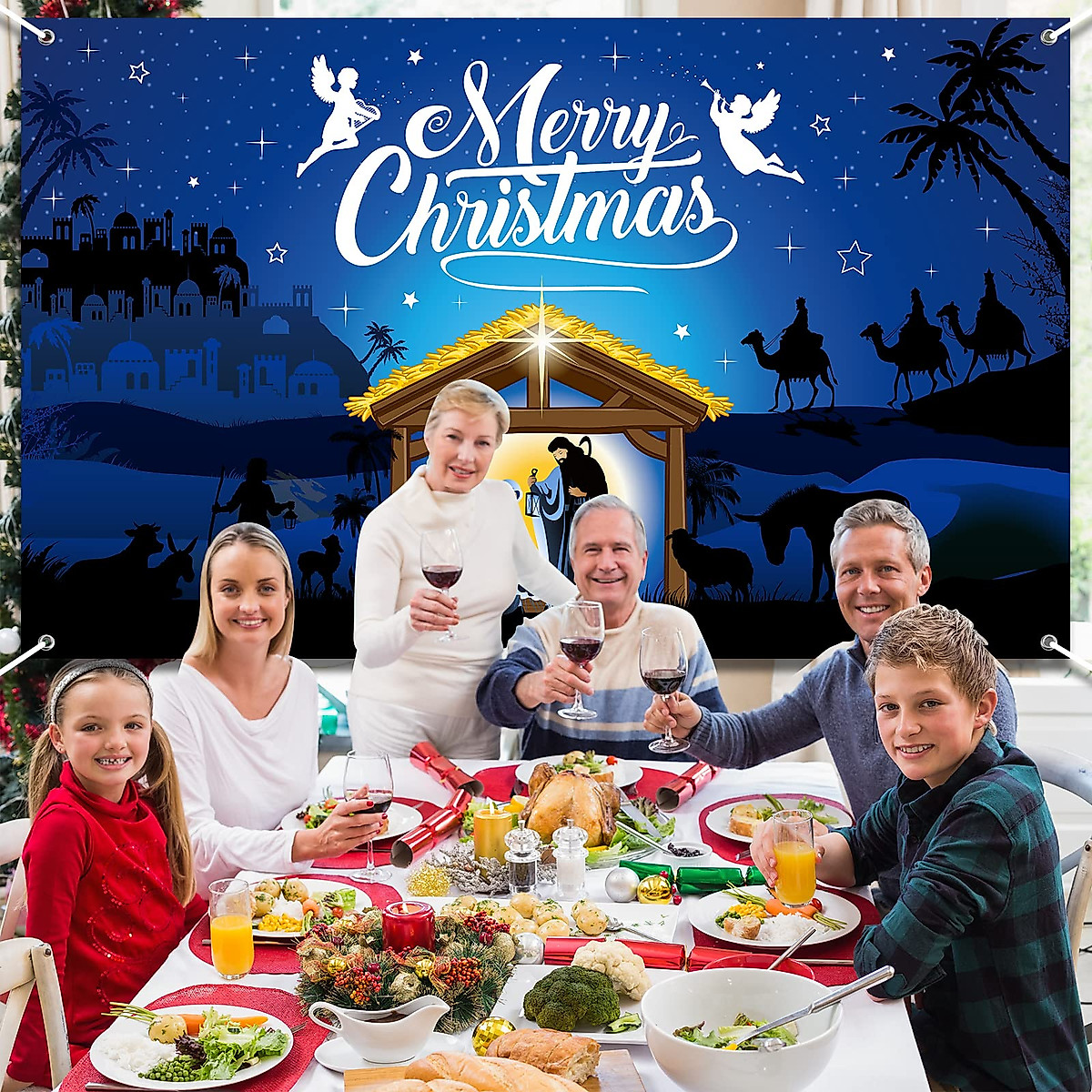 Christmas Nativity Backdrop Decoration, Merry Christmas Outdoor Religious Nativity Scene Banner, Holy Night Photo Booth Background Xmas Photography for Holiday Xmas Winter New Year Party, 43 x 73 Inch