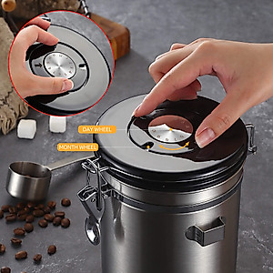 SUNWUKIN Coffee Canister, Airtight Stainless Steel Kitchen Food Storage Container with Date Tracker and Scoop for Beans, Grounds, Sugar, Tea, Flour, Cereal, Stainless Steel 22OZ
