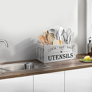 Suli Extra Large Kitchen Utensils Holder with 4 Compartments, Wooden Utensil Organizer for Kitchen Countertop, Farmhouse Kitchen Decor, Rustic Cooking Utensil - White grain