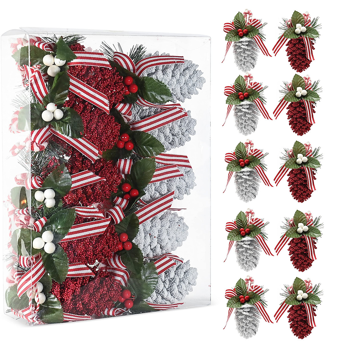 Ornativity Red and White Ornaments - Glitter Red and White Coated Pinecone Xmas Ornament with Realistic Holly Leaf and Red Cranberry Berries with Candy String Christmas Tree Decoration Set -Pack of 10