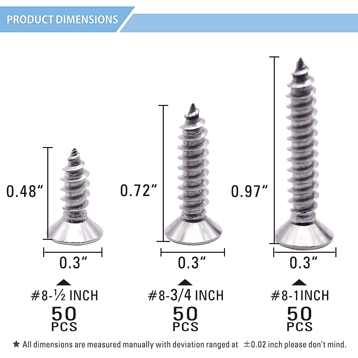 Jetovo 150 Pack 304 Stainless Steel Flat Head Phillips Self Tapping Screws Phillips Drive Wood Screw Assortment Kit - Size: #8 x 1/2" #8 x 3/4" #8 x 1"