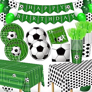 Soccer Party Decorations, 143Pcs Soccer Birthdday Party Supplies-Serves 24 with Soccer Plates and Napkins Tablecloth and Birthday Banner Balloons for Soccer Sports Theme Birthday Decorations
