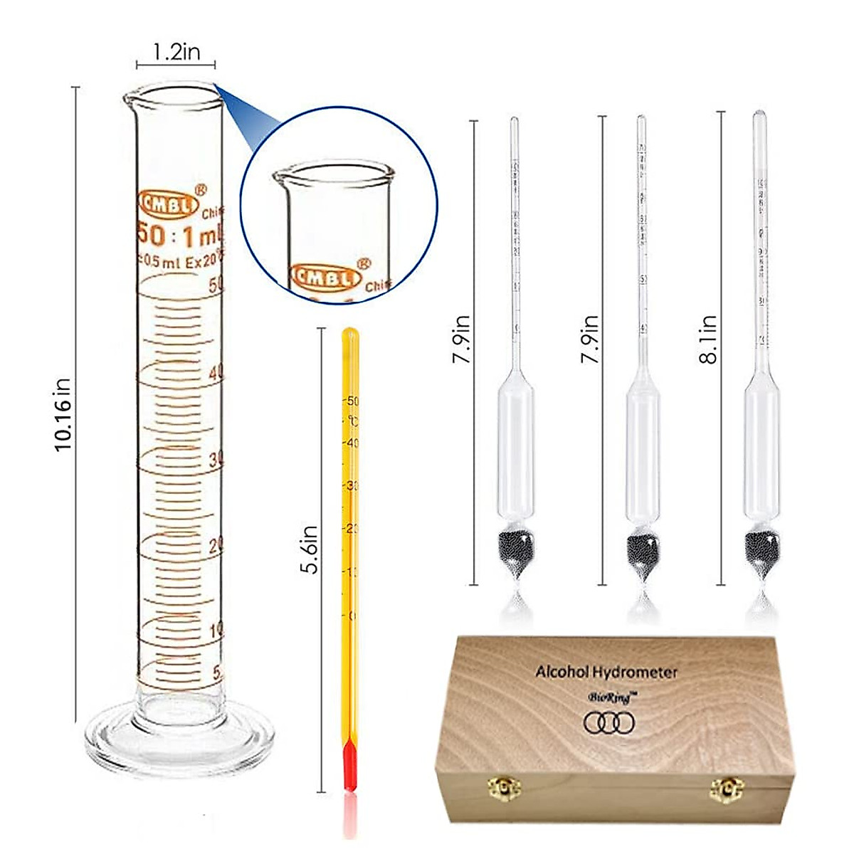 Alcohol Hydrometer Accurate 5 Pieces Alcoholmeter Kit 0-100% (ABV) Tralle 0-100 for Spirits Whiskey Moonshine Distilling Liquors Testing with 100ml Glass Test Jar Carry Storage Wood Box
