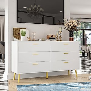 Homsee 6 Drawer Double Dresser Storage Chest of Drawers, 54”L Wood Dresser Chest with Gold Metal Legs for Bedroom, Living Room & Hallway, White (54”L x 15.6”W x 30.1”H)