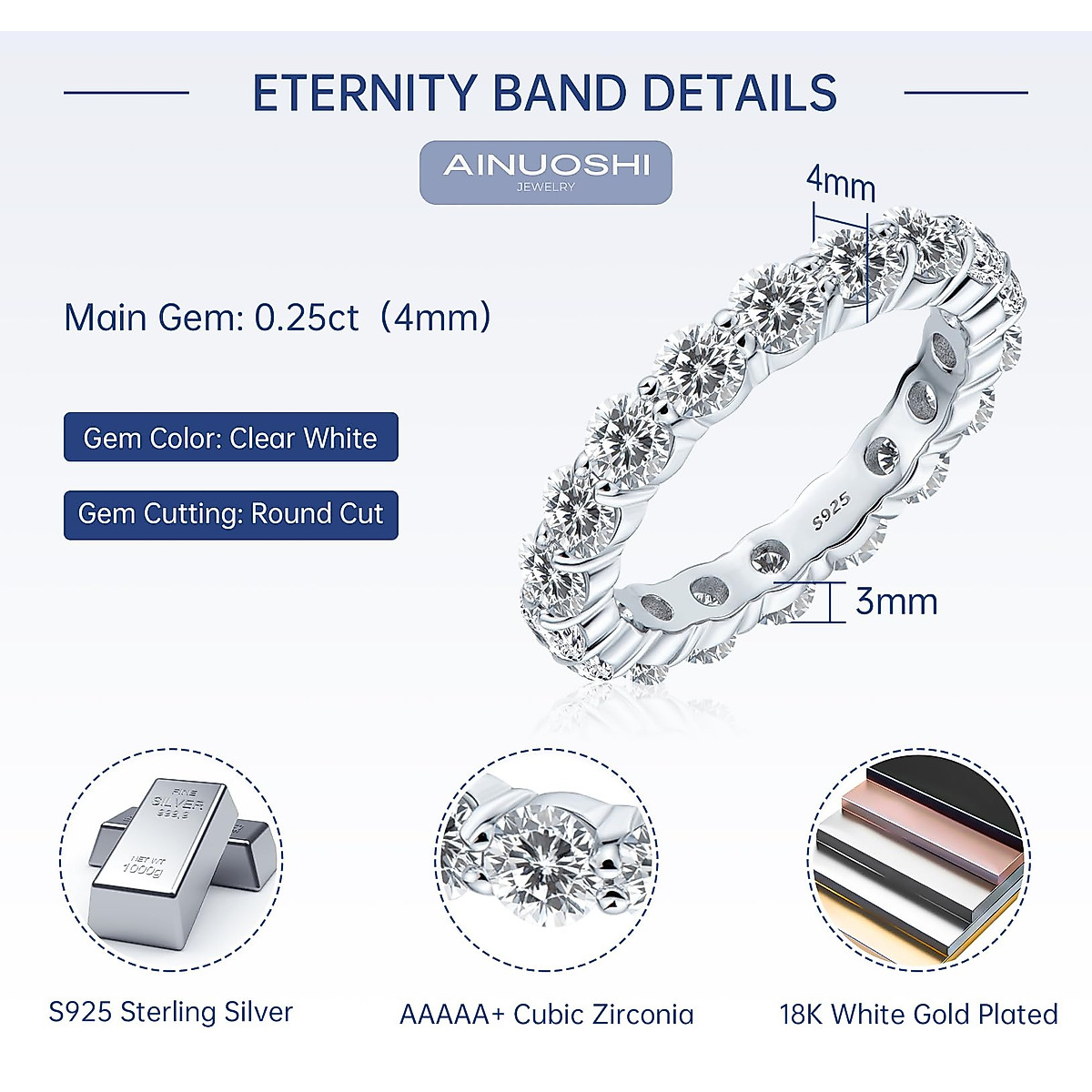AINUOSHI 925 Sterling Silver Eternity Ring 4mm Round/Cushion Cut Cubic Zirconia Jewellery CZ Fashion Eternity Engagement Wedding Ring (Round-Shape,Size 4 to 10)