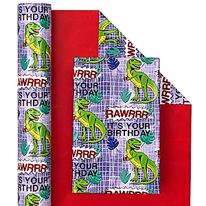 WRAPAHOLIC Reversible Wrapping Paper - Mini Roll - 17 Inch X 33 Feet - Unique Dinosaur Design for Kid's Birthday, Party, Baby Shower