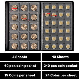 Coin Collection Book Holder Album for Collectors, 300 Pockets Coins Display Storage Case, Collecting Sleeves Organizer Box for Coin Collections Supplies, Money Currency, Pennies, Quarters - Black