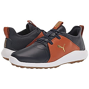 PUMA Men's Ignite Fasten8 Crafted Golf Shoe, Navy Blazer/Gold/Leather Brown, 9.5