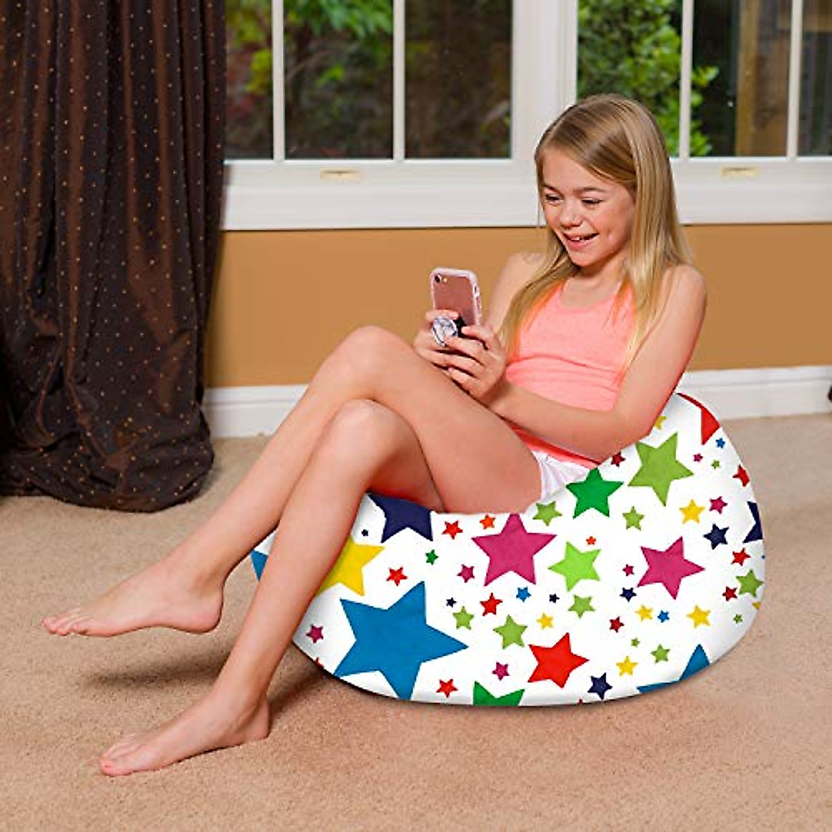 Posh Creations Bean Bag Chair for Kids, Teens, and Adults Includes Removable and Machine Washable Cover, 27in - Medium, Canvas Stars Bright Multi-Colored