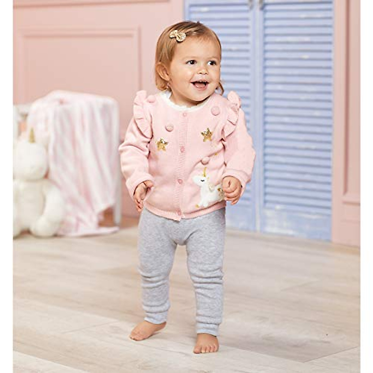 Mud Pie Girls' Kids Baby Magical Unicorn Dreams Cardigan Sweater, Pink, Large (4T-5T)