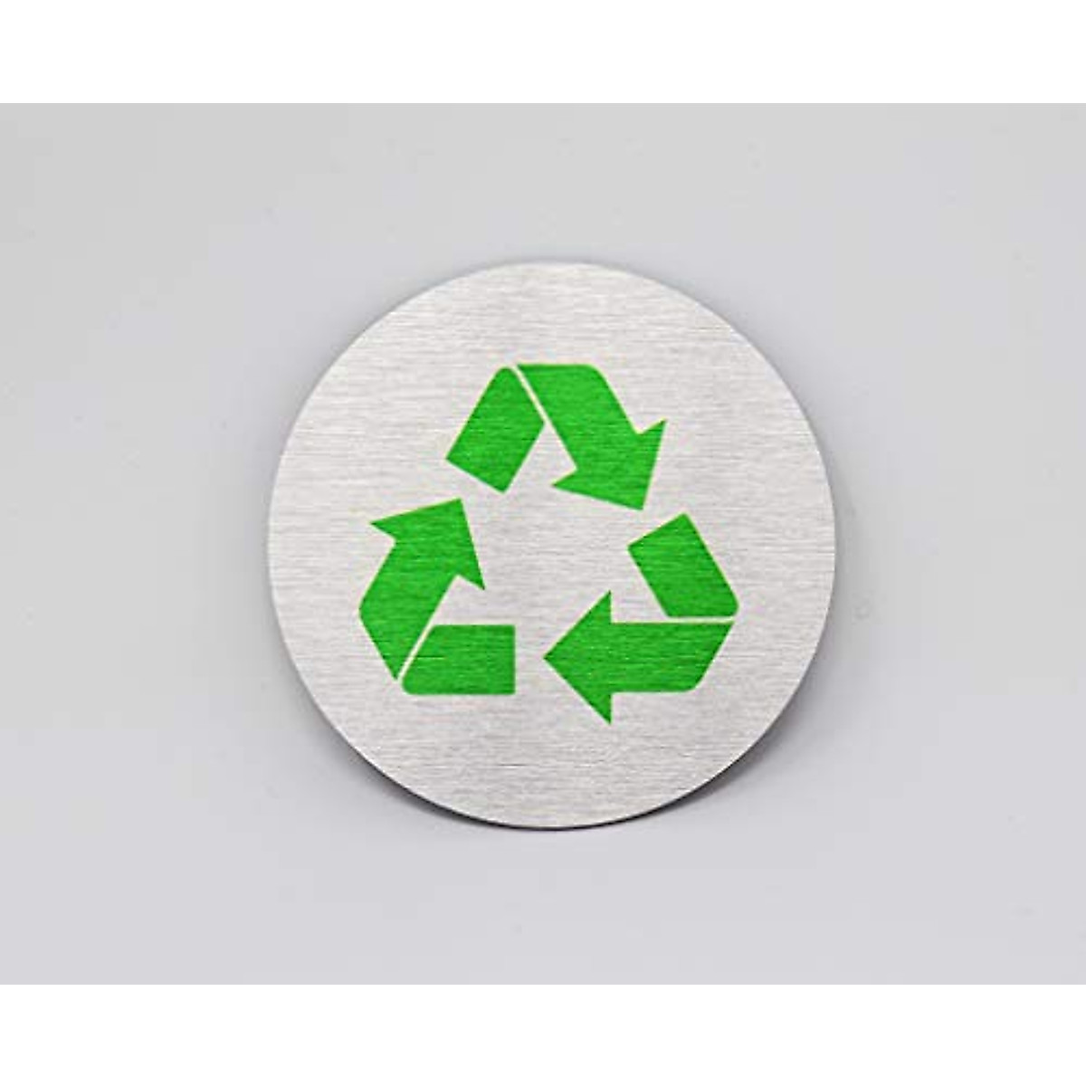Metal Recycle Signs | Recycle Bin Marker | Metal Sign for Recycling Basket | 3" Round, Brushed Silver Aluminum with Green Recycle Symbol | Made in the USA