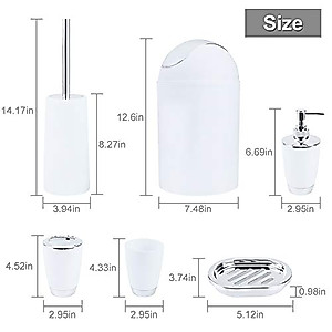 Yosoo Health Gear Bathroom Accessories Set, White Bathroom Accessories Set, 6Pcs Plastic Bathroom Accessory Set with Toothbrush Holder Cup Soup Holder Hand Sanitizer Bottle Toilet Brush Bin