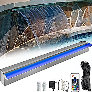 YITAHOME 36" Pool Fountain Stainless Steel Pool Waterfall with 7 Colors LED Light Changing Remote for Spillway, Swimming Pool, Outdoor Garden Decorations