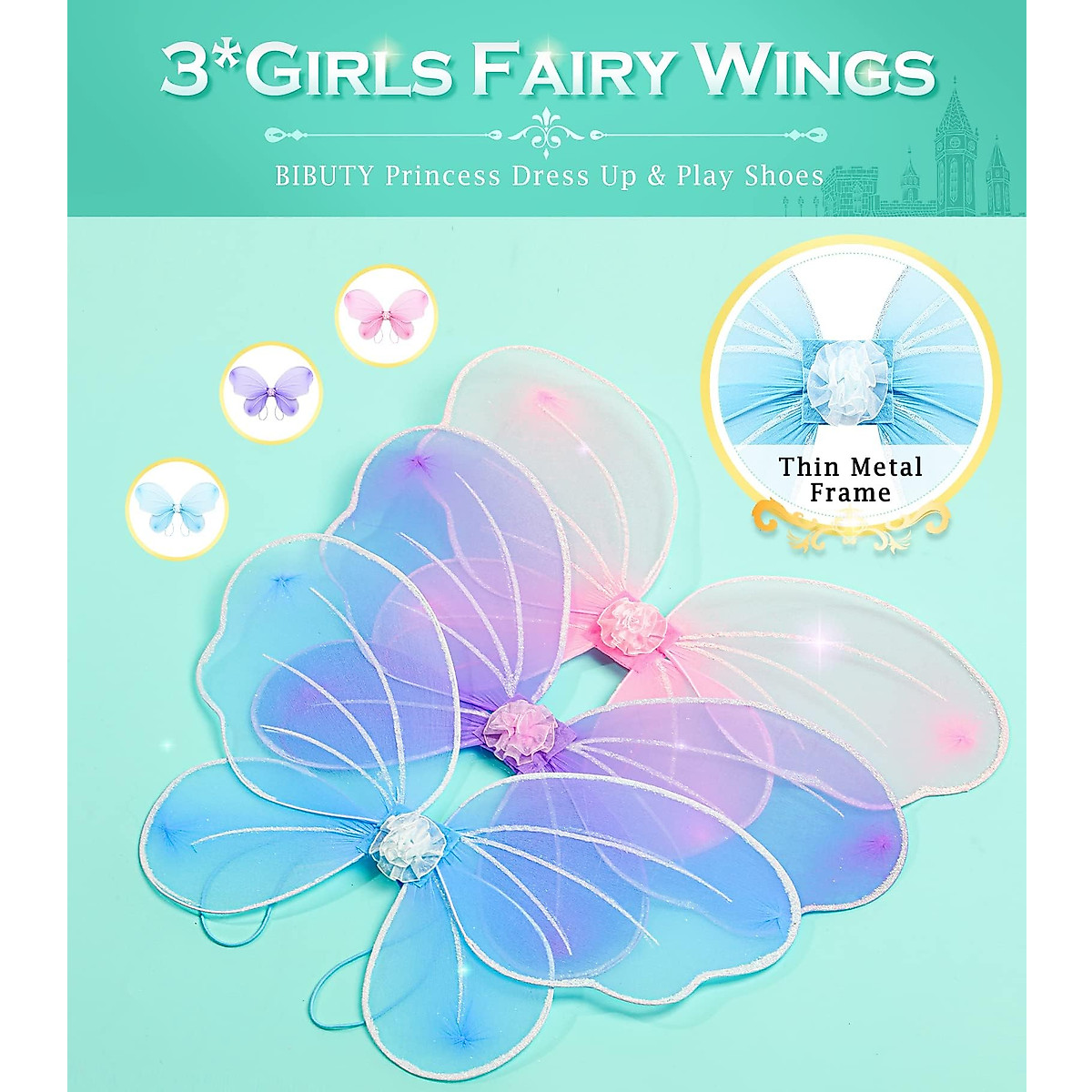 Princess Dresses for Girls Fairy Wings, BIBUTY Dress Up Clothes Pretend Play Costumes Trunk with 3 Sets of Princess Dress Up Shoes, Glitter Girls Tutu Skirts and Butterfly Wings, Toys for 3-6 yr Girls