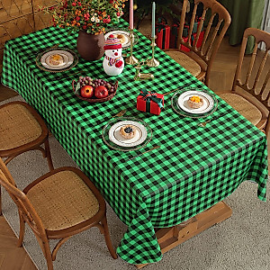 Buffalo Plaid Vinyl Christmas Tablecloth Rectangle 52 x 70 Inch With Flannel Backing, Waterproof & Anti Slip Plastic Tables Cloths, Heavy Duty Table Cover for Winter, Party & Holiday, Green and Black