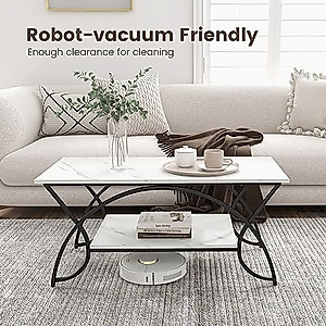 COSTWAY 2-Tier Coffee Table, Modern Faux Marble Accent Table with Storage and Gold Finished Metal Frame, Chic Rectangular End Table for Living Room Office Lounge (White+Black)