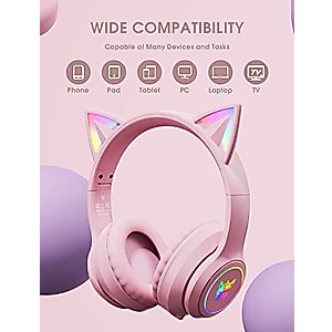 ONITOON Cat Ear Bluetooth Headphones with Micphone for Kids & Adults, LED Light Up Wireless HI-FI Sound Quality, Over-Ear Headphones with Volume Control for iPhone/iPad/Laptop/PC(55H Play Time)
