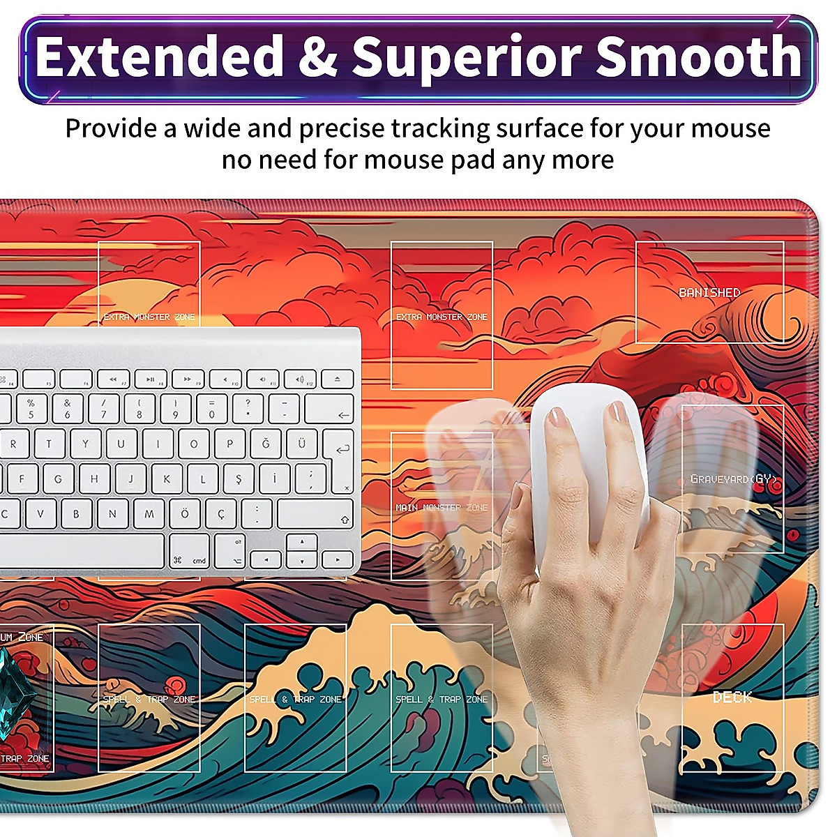 Playmat for OCG, Game Play Mat for TCG CCG 24 x 14 inch with Non-Slip Rubber Base and Stitched for Board Games and Table Magic, Orange Waves