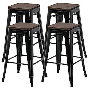 Yaheetech 26inch barstools Set of 4 Counter Height Metal Bar Stools, Indoor Outdoor Stackable Bartool Industrial with Wood Seat 331Lb, Black