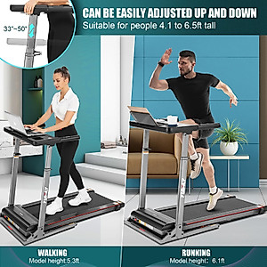 Folding Treadmill with Desk & Adjustable Height, 300 LBS Weight Capacity, Heavy-Duty Treadmill with Incline, Bluetooth Speaker & App Control, Electric Walking Machine Running Treadmill for Home