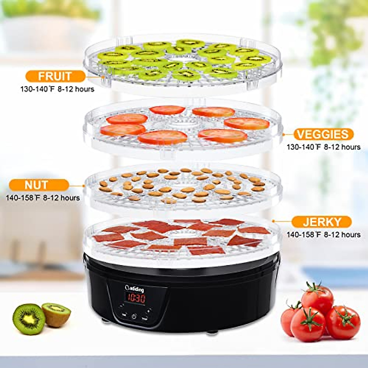 Adiding Food Dehydrator Machine, Dehydrator with 4 BPA Free Trays, Digital Timer & Temperature Control, 350W Food Dryer for Fruit Vegetable Meat Beef Jerky Herbs Pet Treats