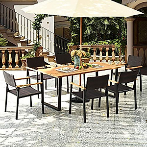 HAPPYGRILL 7PCS Patio Dining Set Outdoor Dining Furniture Set with Rectangle Table, Wicker Chairs, Acacia Wood Tabletop with Umbrella Hole, Natural Design Conversation Set for Garden Backyard