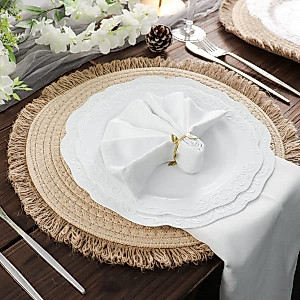 TABLECLOTHSFACTORY 4 Pack | 15" Round Natural Rustic Burlap Jute Placemats Fringed Edges, Farmhouse Placemats with Trim
