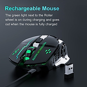 QELIROKY New 2.4G Wireless Rechargeable Gaming Mouse Silent Click with 6 Buttons, 3 Adjustable Levels DPI, Colorful LED Lights for Laptop, iPad, MacOS, PC, Windows, Android (Black)