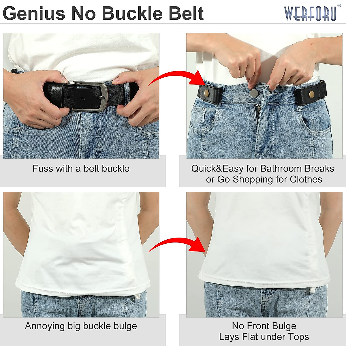 WERFORU No Buckle Show Belt for Men Buckle Free Stretch Belt for Jeans Pants 1.38 Inches Wide Father's Day Gift, Black, Pants Size 30-48 Inches