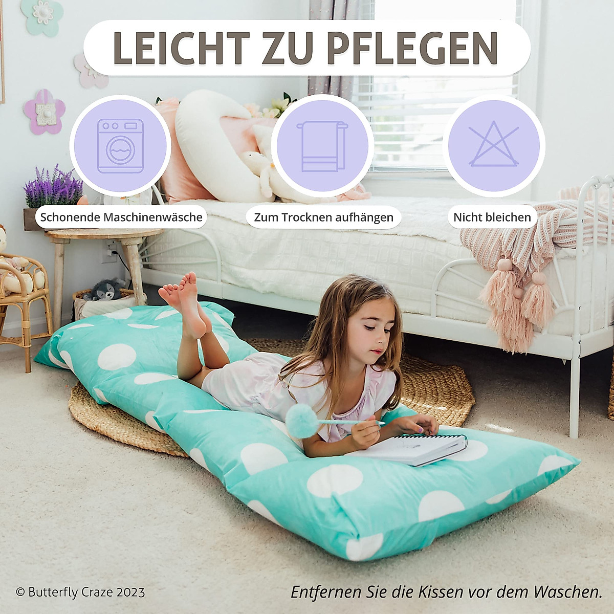 Butterfly Craze Floor Pillow Case, Mattress Bed Lounger Cover, Polka Aqua, Queen Size - Cozy Seating Solution for Kids & Adults, Recliner Cushion, Perfect for Reading, TV Time (Pillow Not Included)