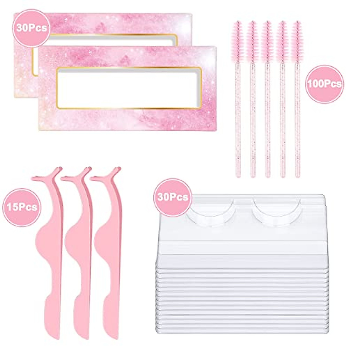 175 Pieces Lash Packaging Wholesale, Include 30 Empty Eyelashes Packaging Box, 30 False Lash Trays, 15 Eyelash Tweezers and 100 Eyelash Brush Mascara Wands Disposable (Pink)