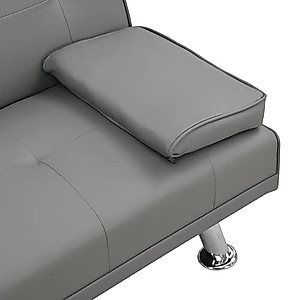 Ochangqi Convertible Folding Futon Sofa Bed with Metal Legs & 2 Cupholders, Modern Faux Leather Upholstered Couch Loveseat Sleeper, Folding Couches Bed, Removable Armrests for for Small Spaces (Gray)