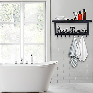 OYEFLY Pool Towel Rack,Wall Mount Towel Hooks Towel Holder with 8 Hooks,Pool Area Outside Sign (Black with Shelf, 16.1in)